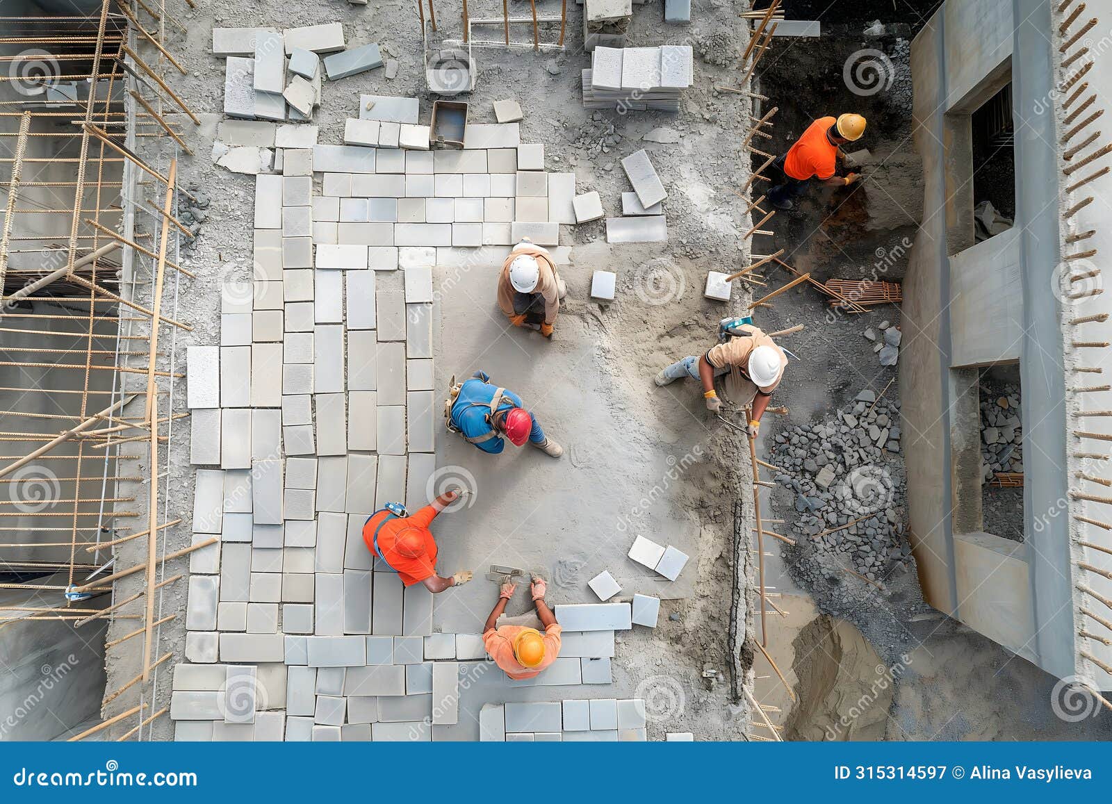 Team of the Construction Workers Works on Foundation of Contemporary ...