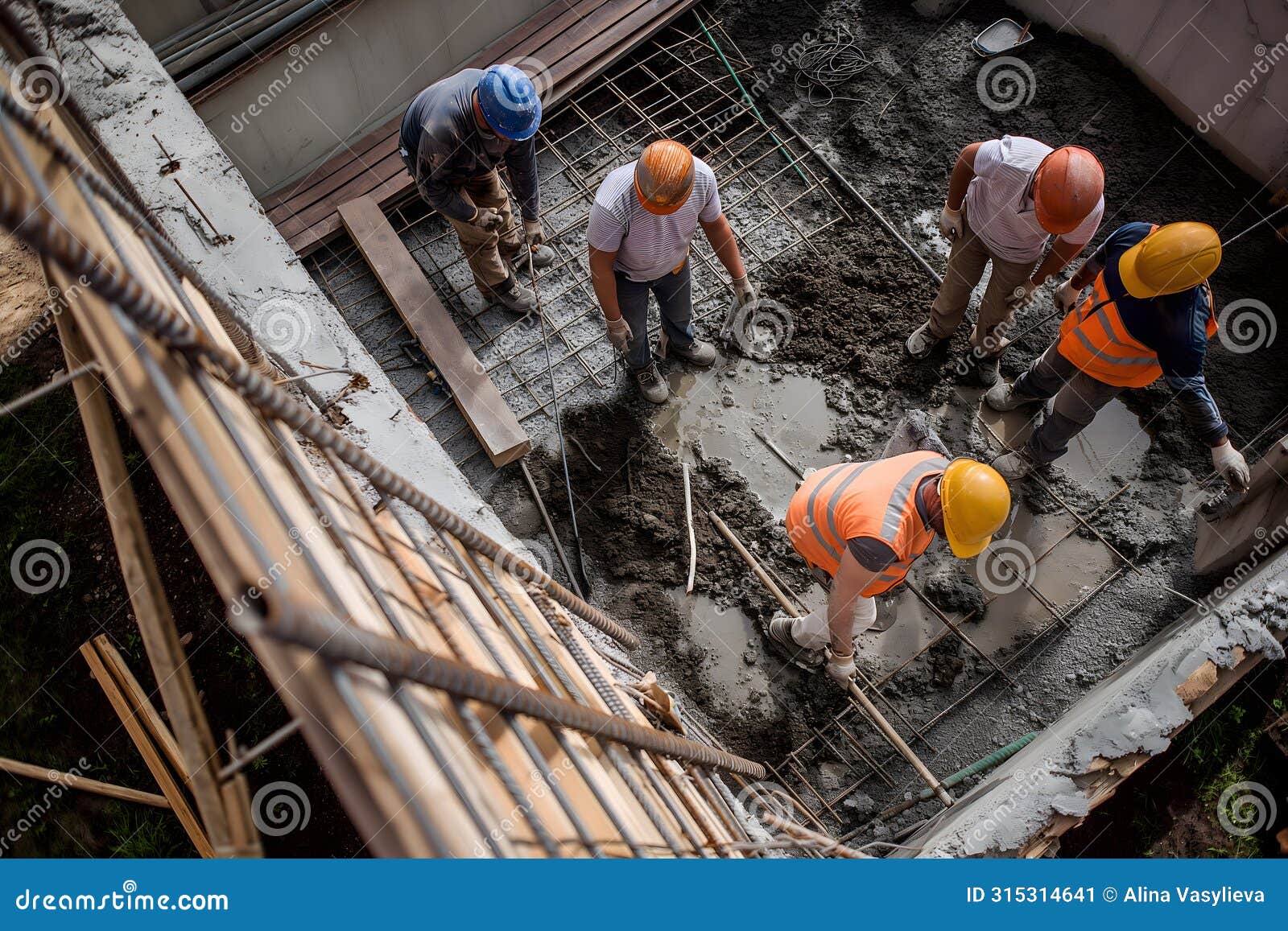 Team of the Construction Workers Works on Foundation of Contemporary ...