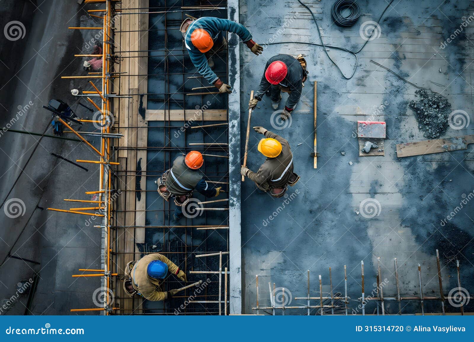 Team of the Construction Workers Works on Foundation of Contemporary ...