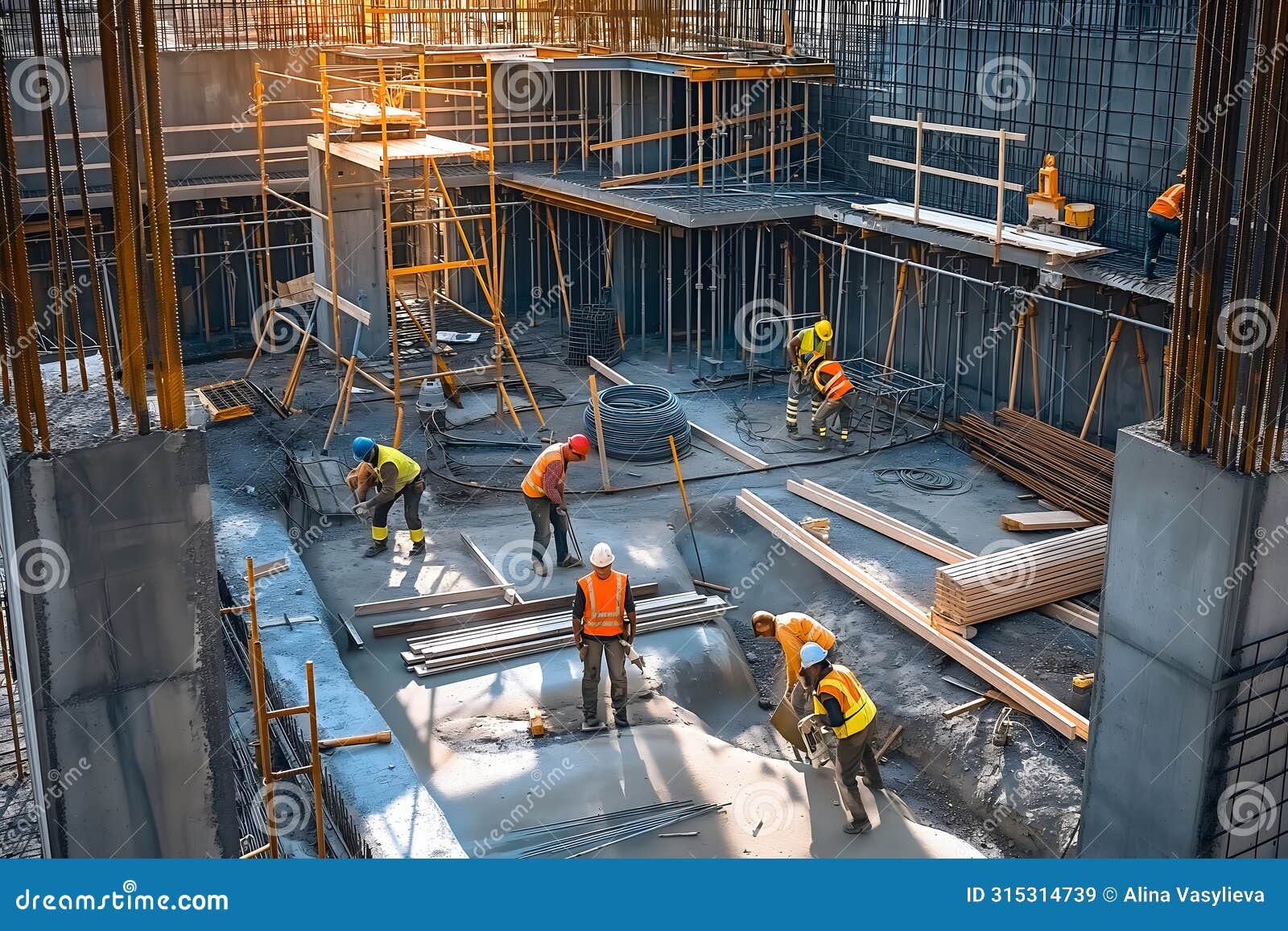 Team of the Construction Workers Works on Foundation of Contemporary ...