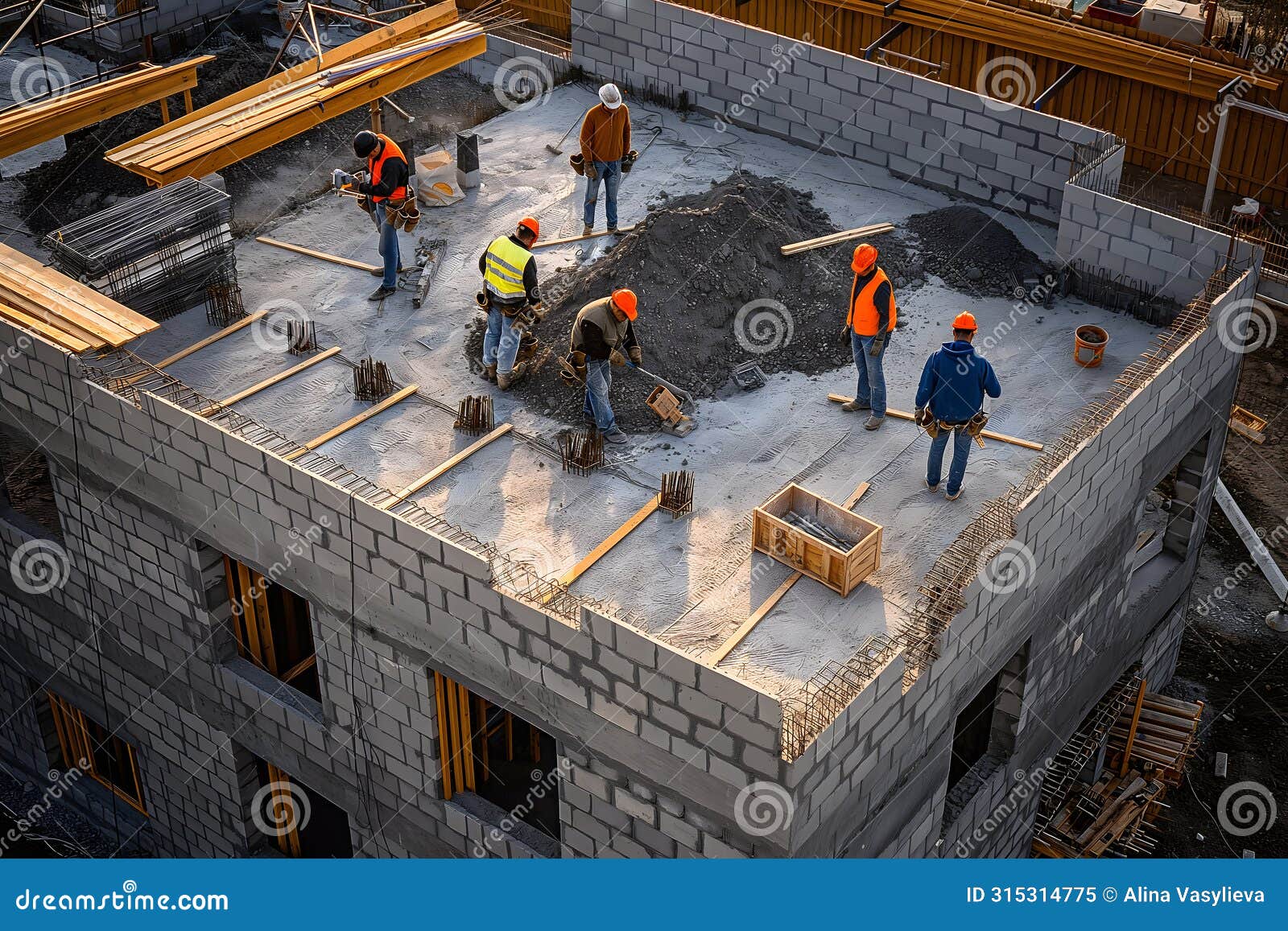 Team of the Construction Workers Works on Foundation of Contemporary ...