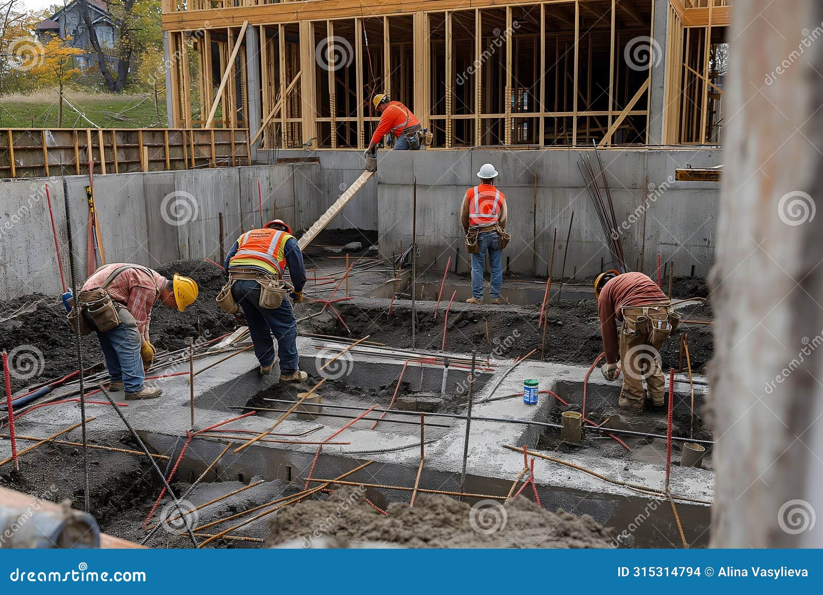 Team of the Construction Workers Works on Foundation of Contemporary ...