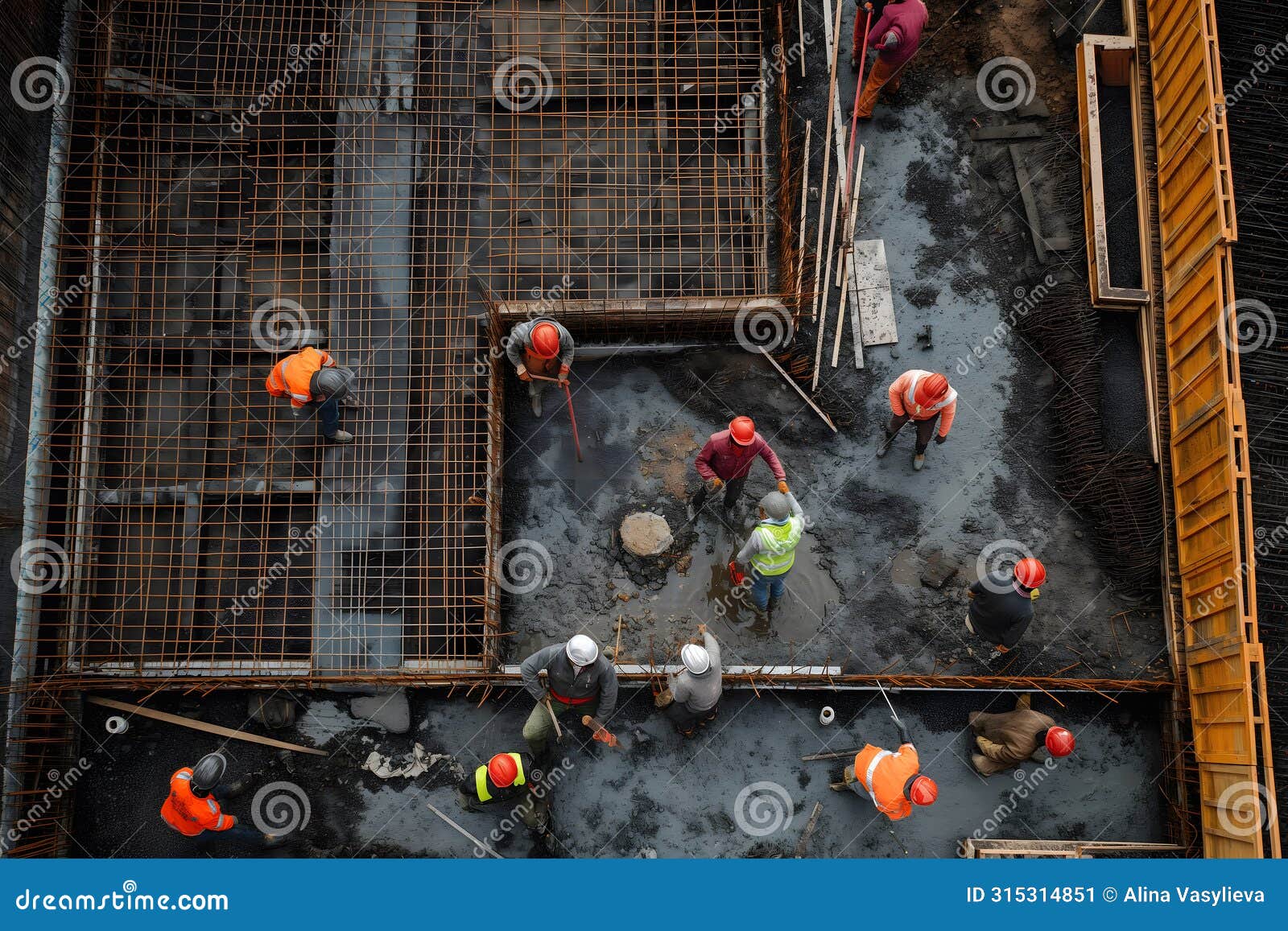 Team of the Construction Workers Works on Foundation of Contemporary ...