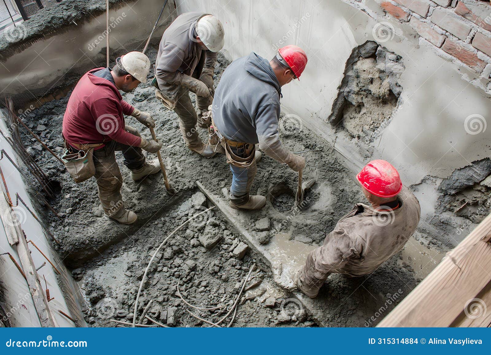 Team of the Construction Workers Works on Foundation of Contemporary ...