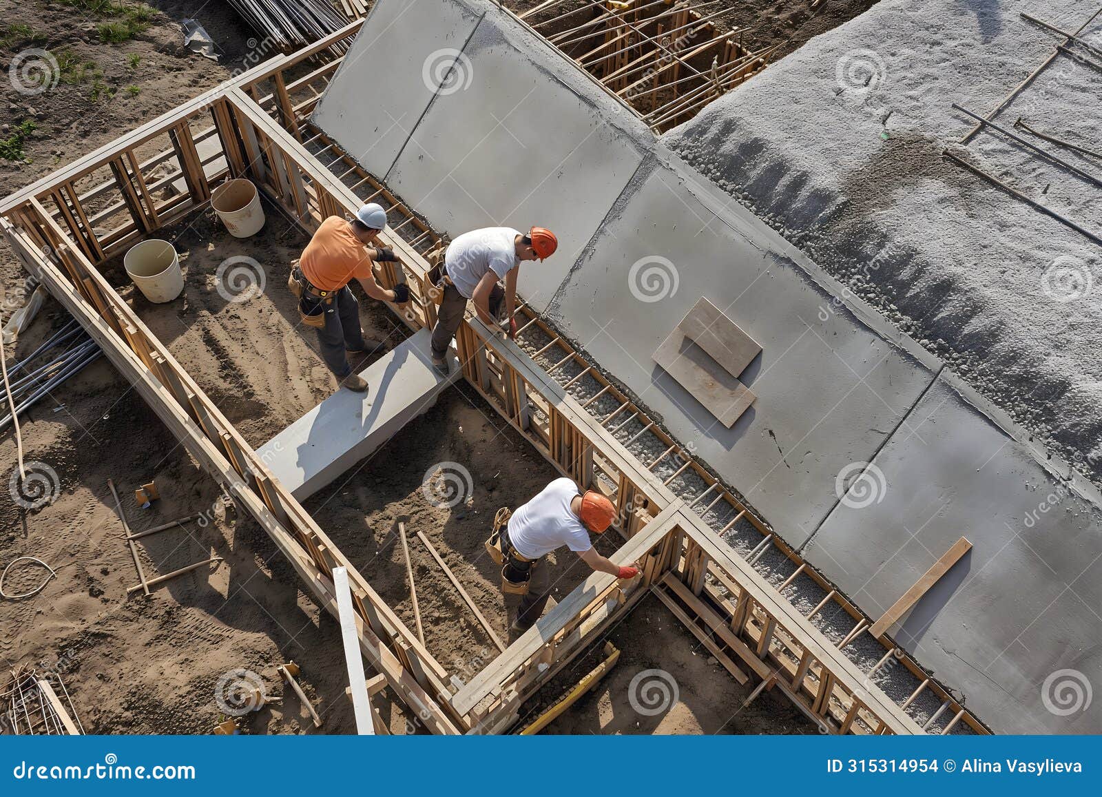 Team of the Construction Workers Works on Foundation of Contemporary ...