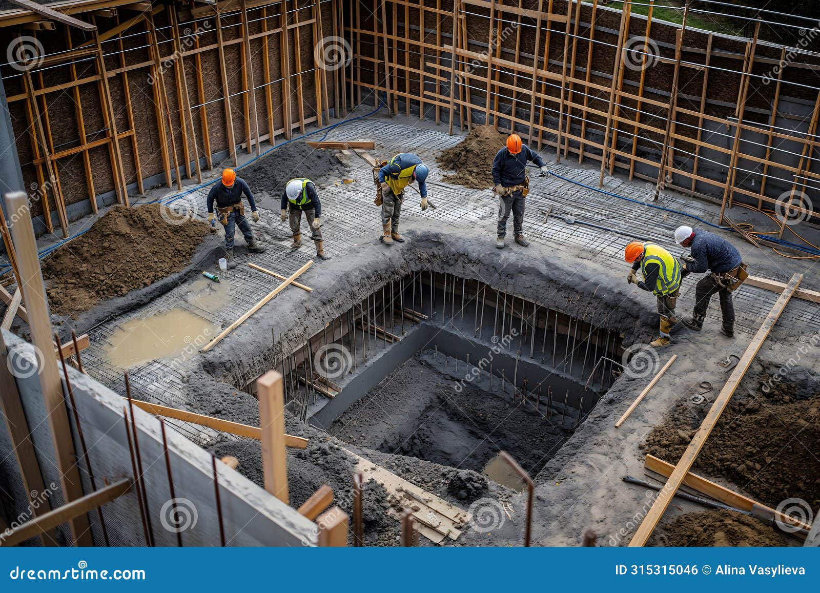 Team of the Construction Workers Works on Foundation of Contemporary ...