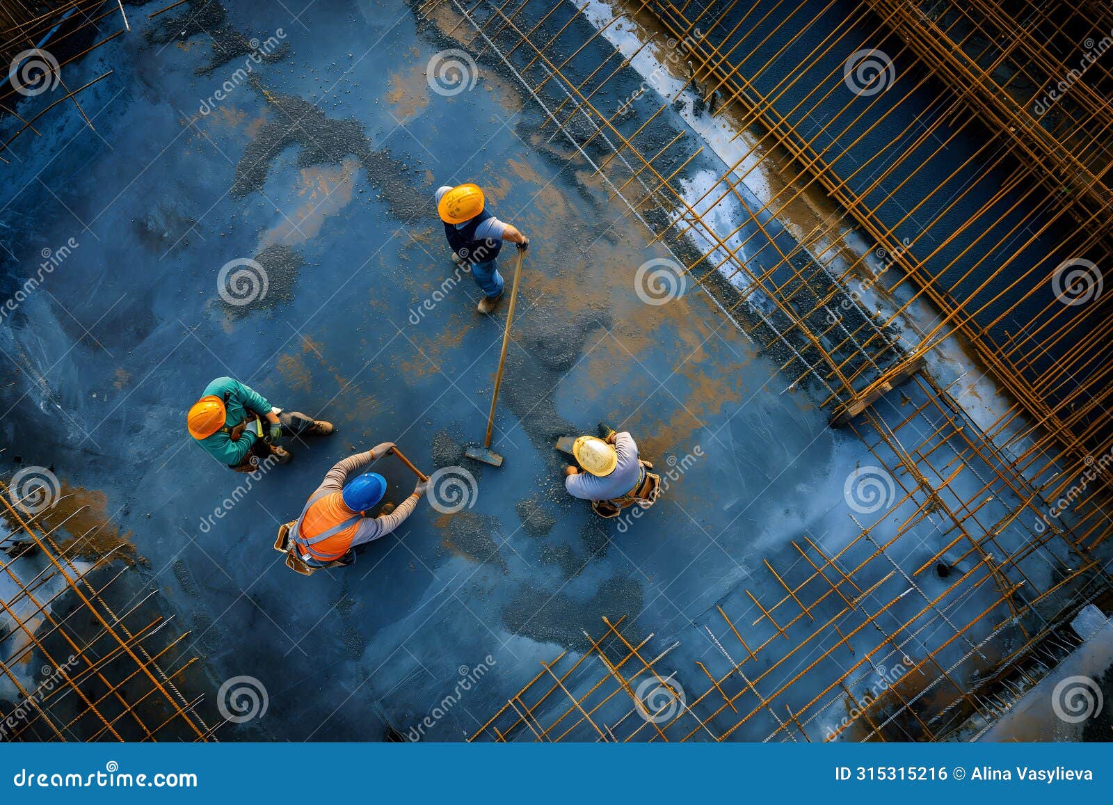 Team of the Construction Workers Works on Foundation of Contemporary ...