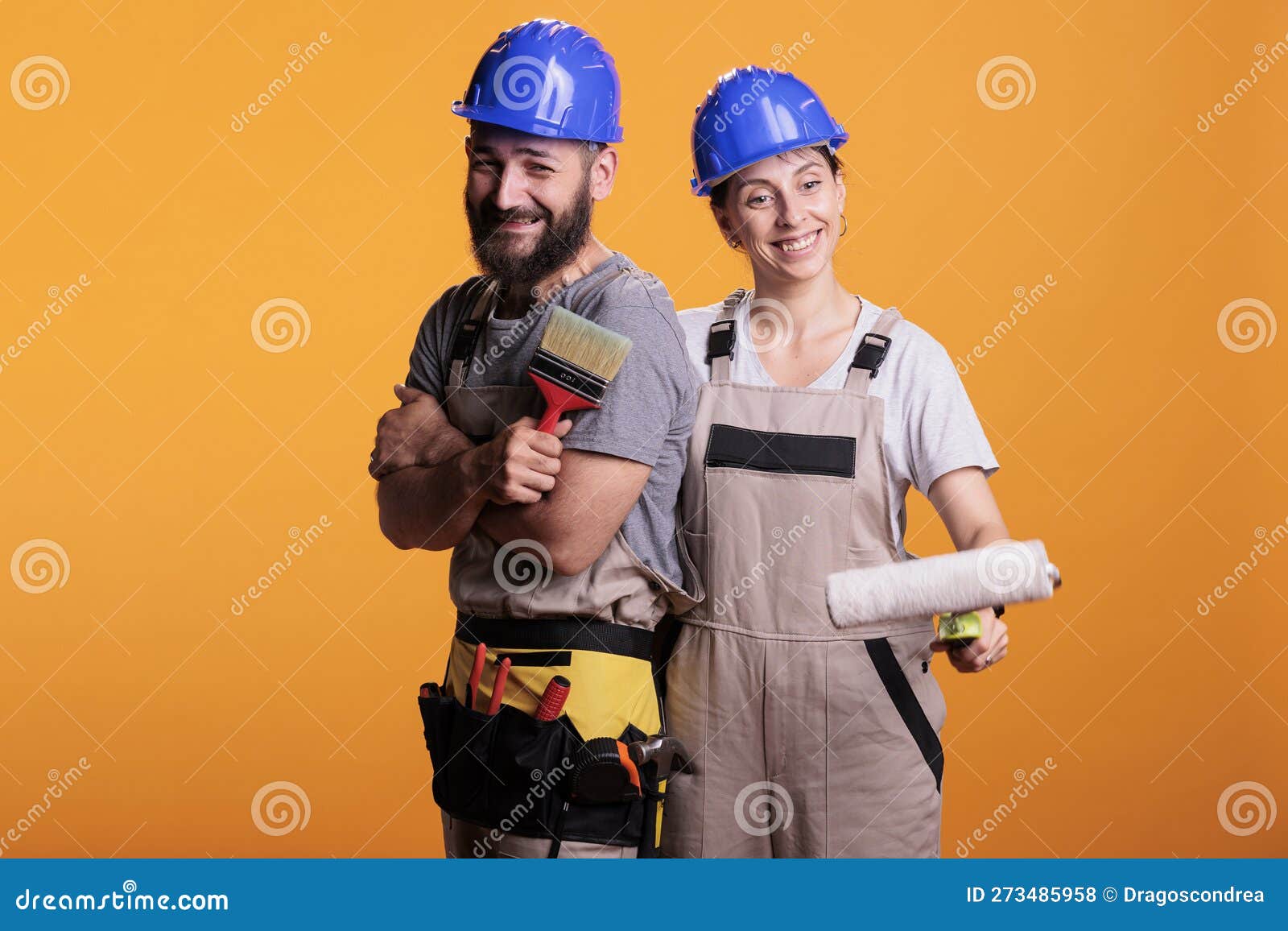Team of Contractors with Paintbrush and Roller in Studio Stock Photo - Image of workers ...