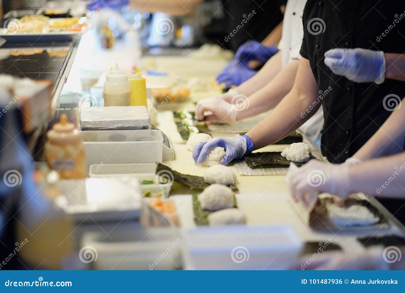 Preparation of Sushi and Rolls Stock Photo - Image of kitchen, nori ...