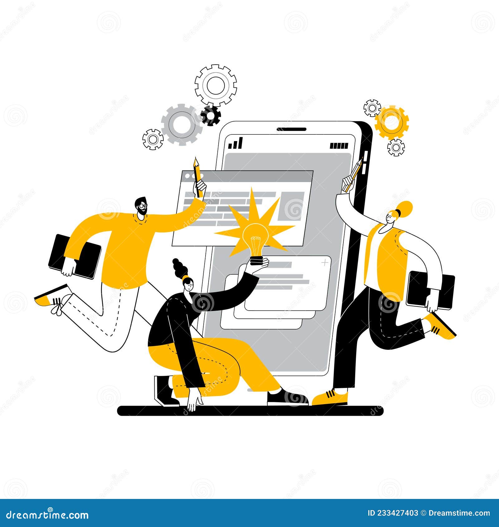 A Team of Developers Creates a Mobile App. Stock Vector - Illustration ...