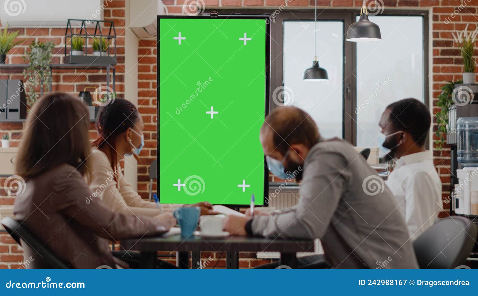 Team of Diverse Workmates Working with Vertically Green Screen Stock ...