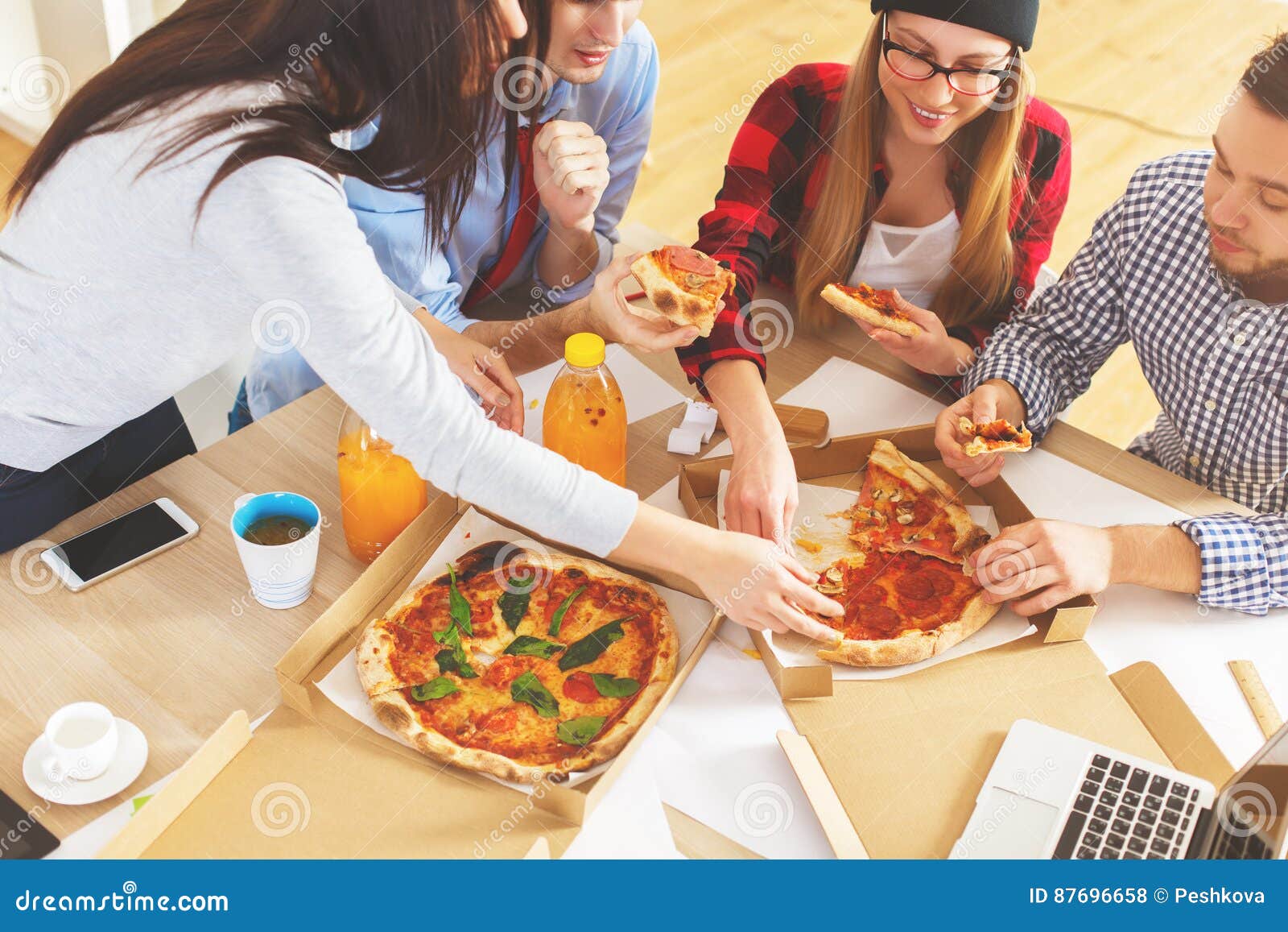 Team Eating Pizza at Workplace Stock Photo - Image of desktop ...