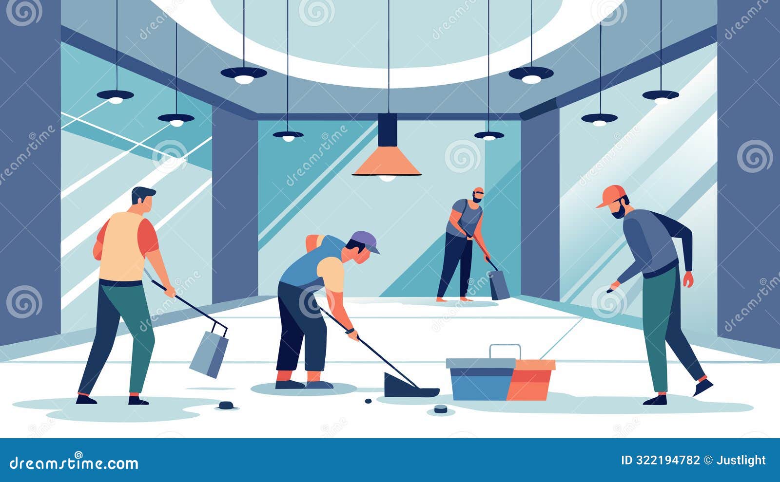 A Team Of Electricians Installing Recessed Floor Lighting In A Modern ...