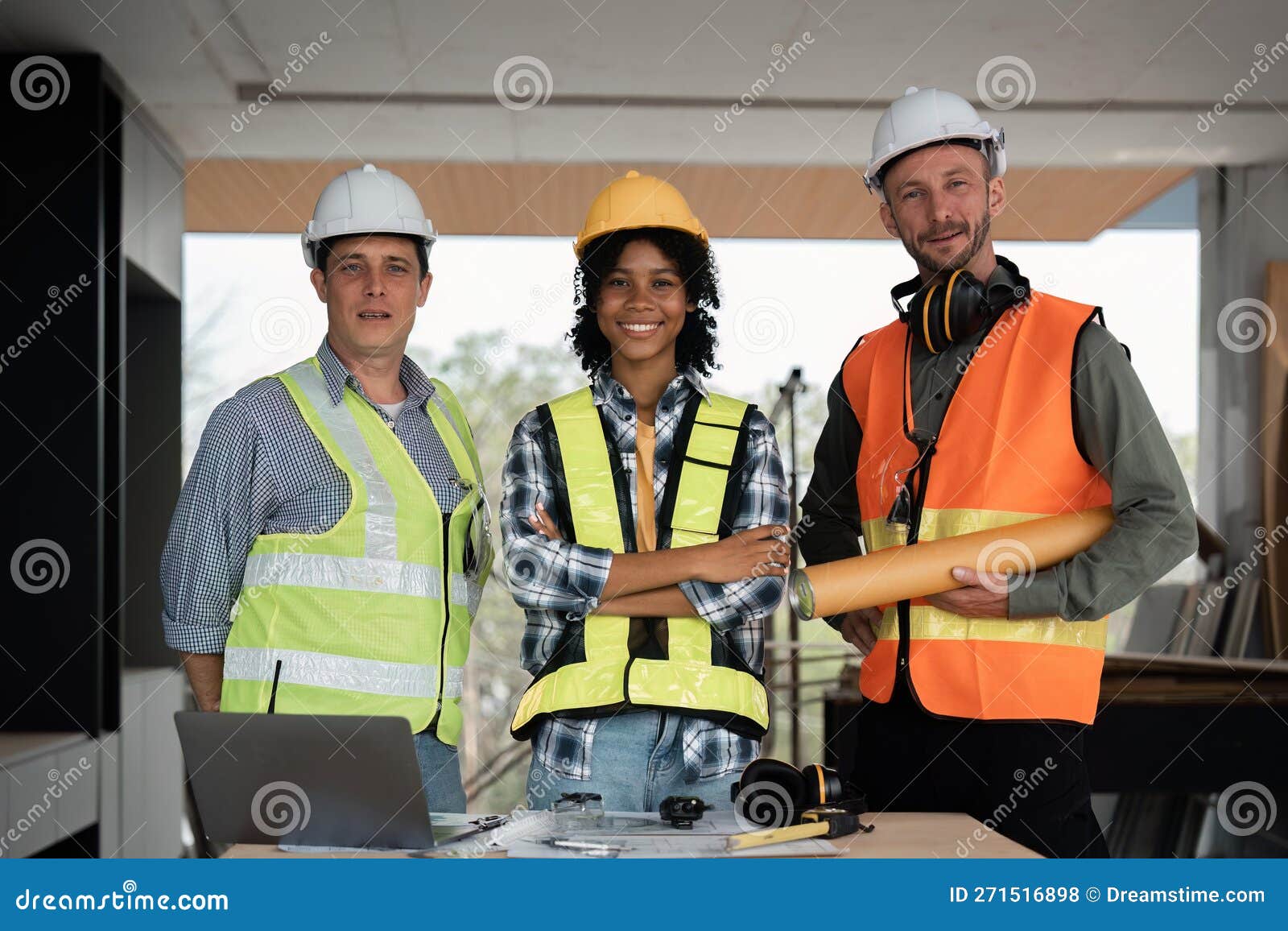 Team Engineer with Construction and Project Blueprint. Building Plans ...