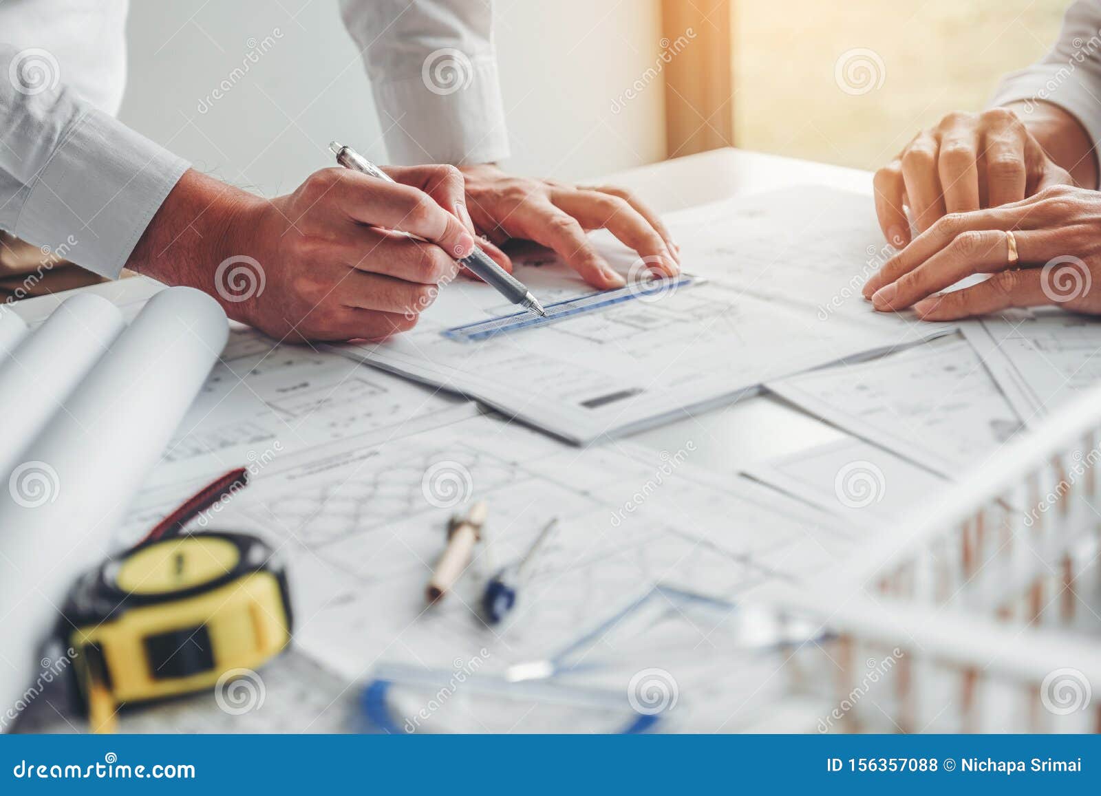 Team Engineer Drawing Graphic Planning and Meeting for Architectural ...
