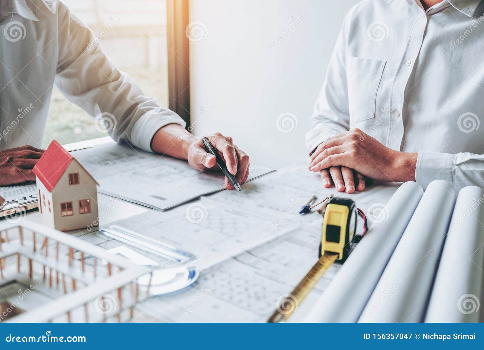 Team Engineer Drawing Graphic Planning and Meeting for Architectural ...