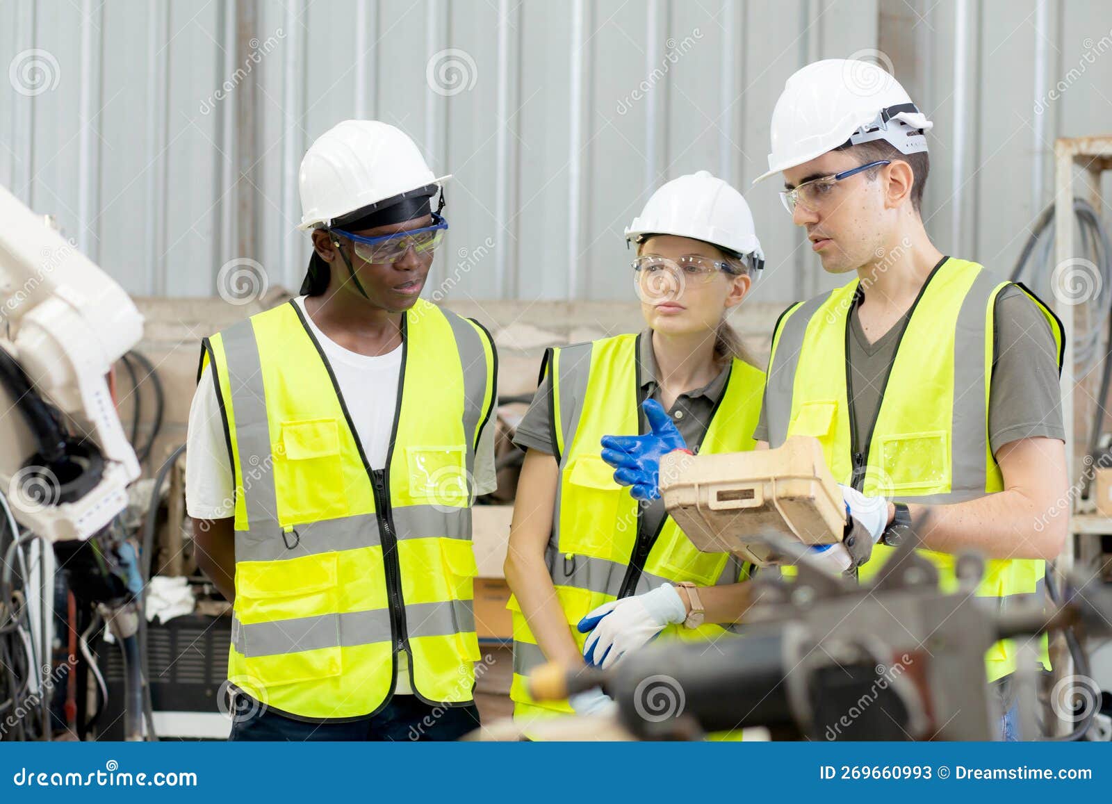 Team Engineer Man and Woman Talking and Explaining about Robot Arms ...