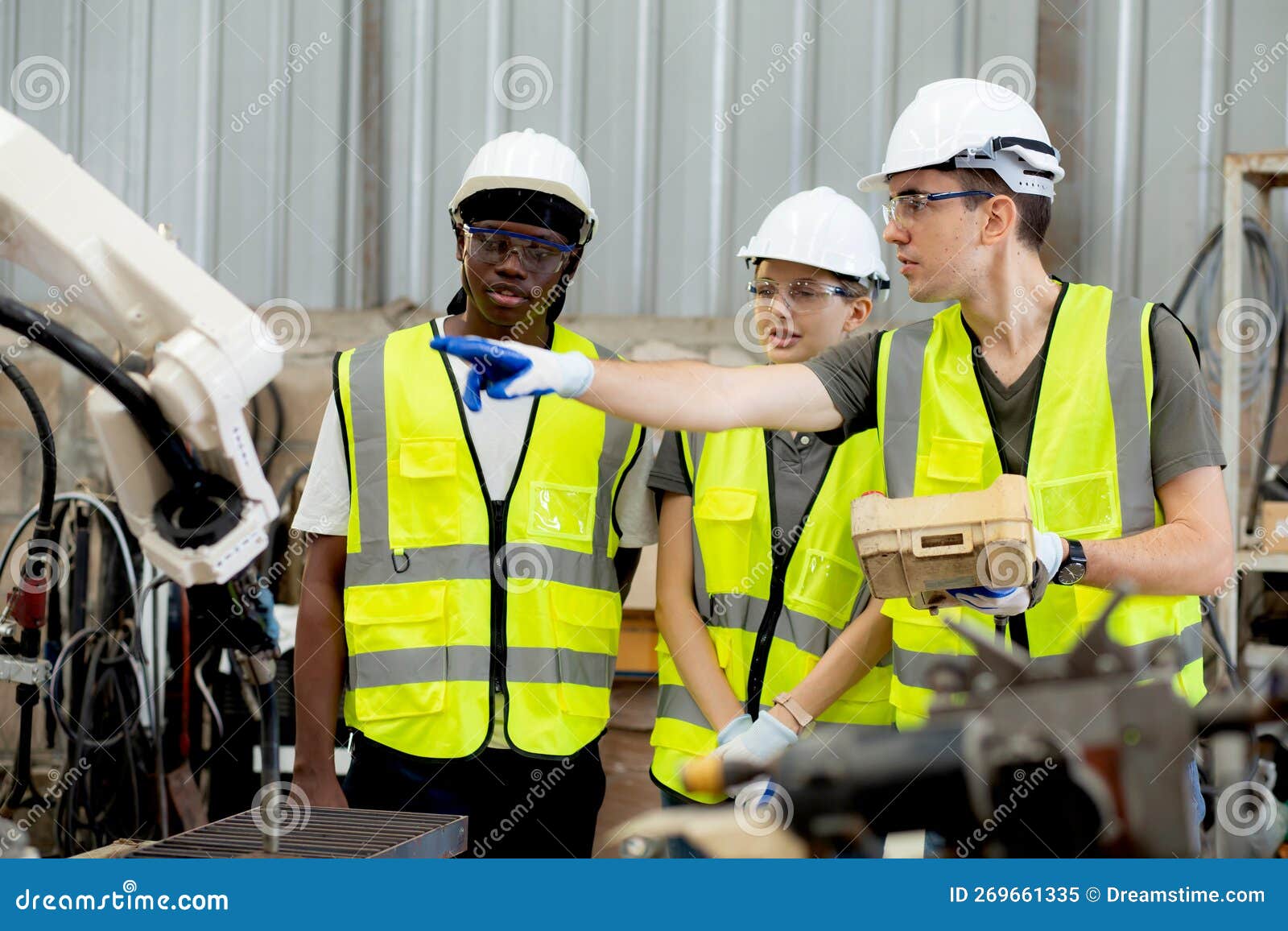 Team Engineer Man and Woman Talking and Explaining about Robot Arms ...