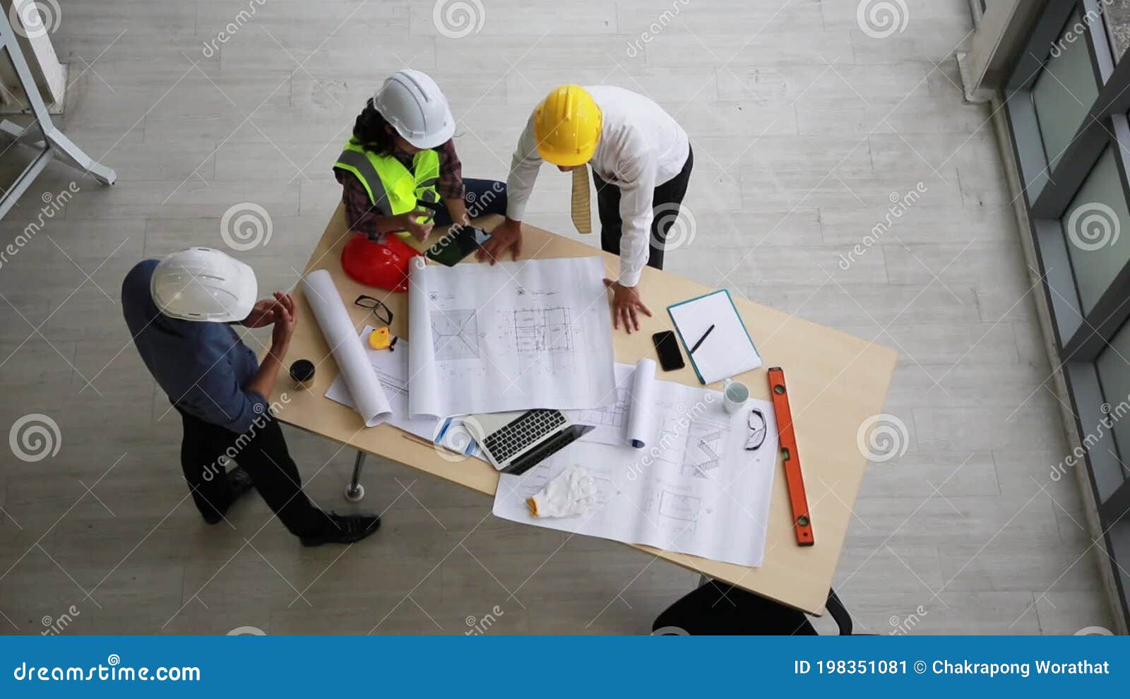 Team of Engineers and Architects Working, Planning, Measuring Layout of ...