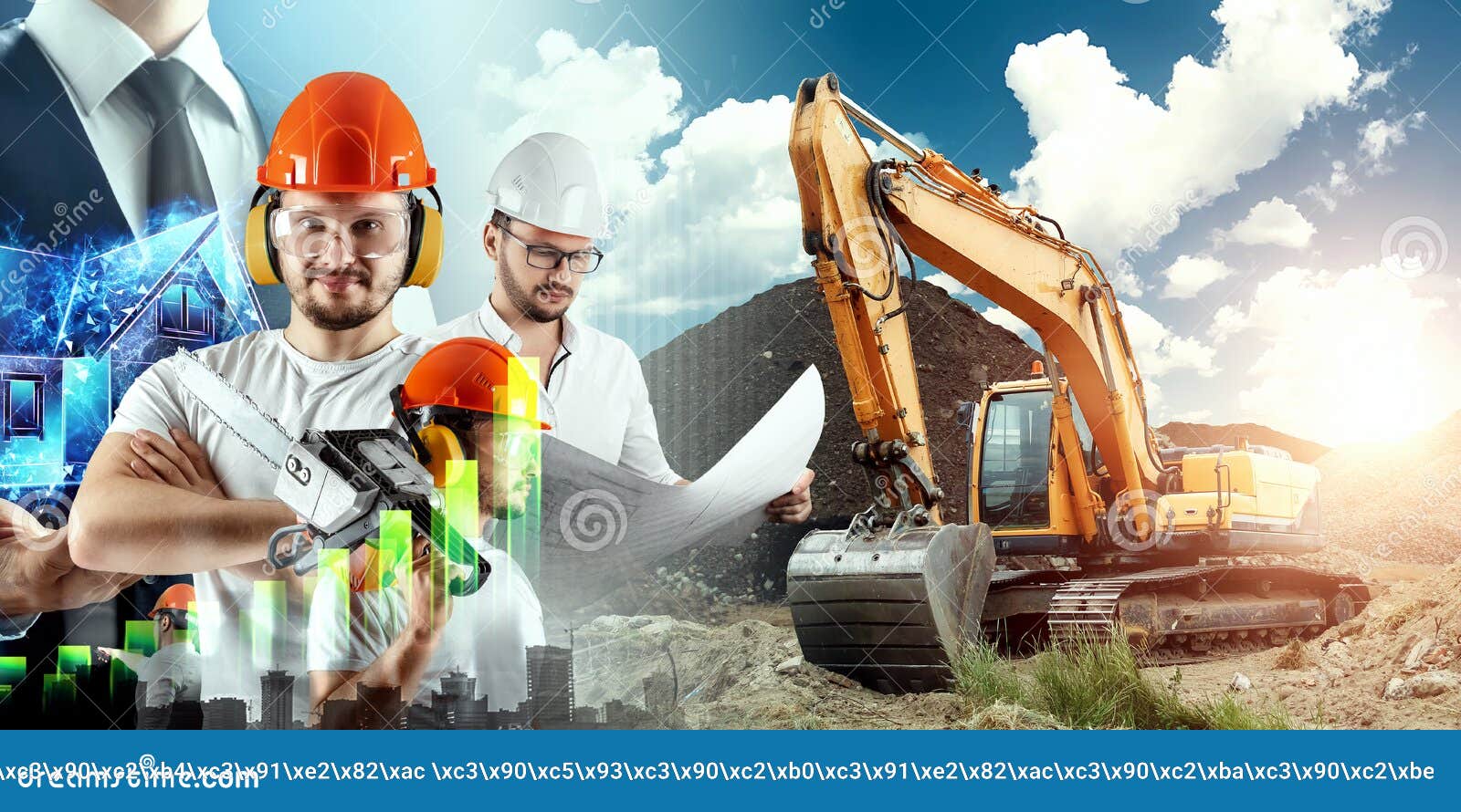 A Team Of Engineers, Builders On The Background Of A Construction Site ...