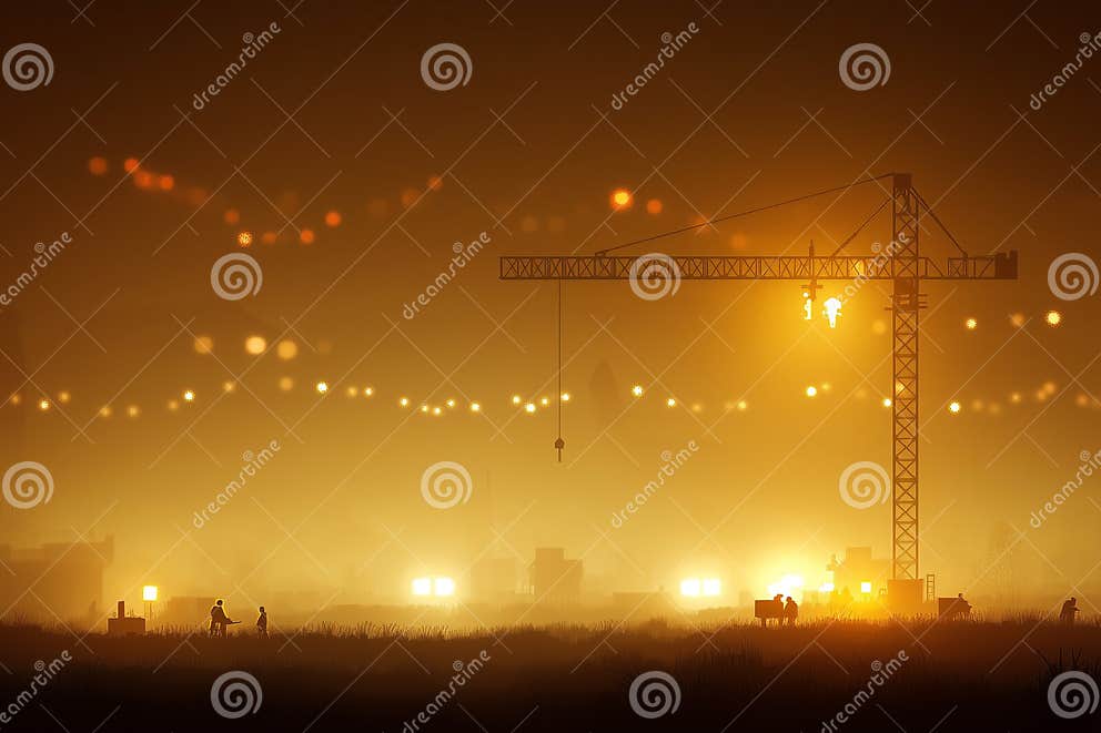 Team of Engineers Collaborating on Construction Project at Dusk with ...