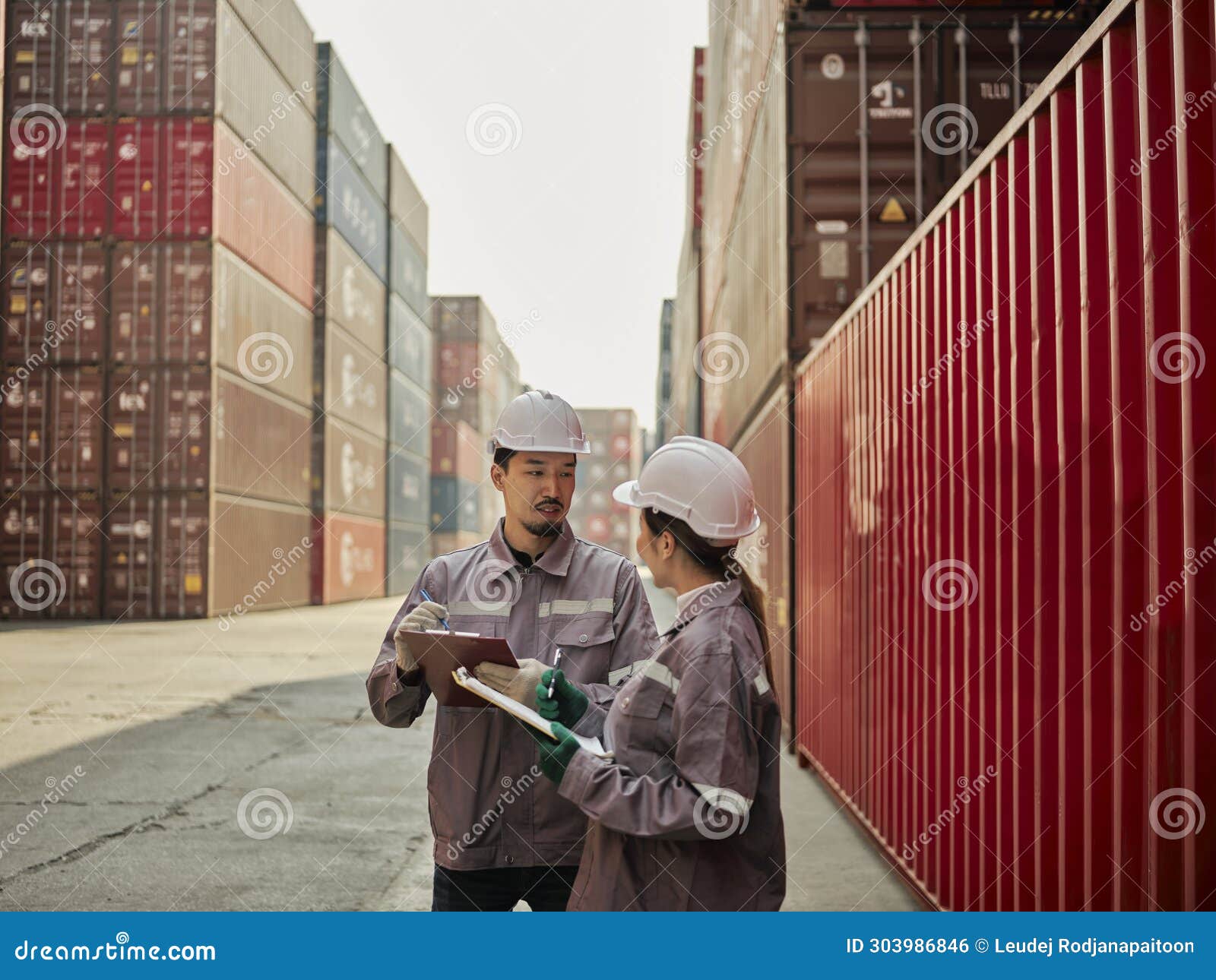 A Team of Engineers Talks To Managers at the Container Cargo Stock ...