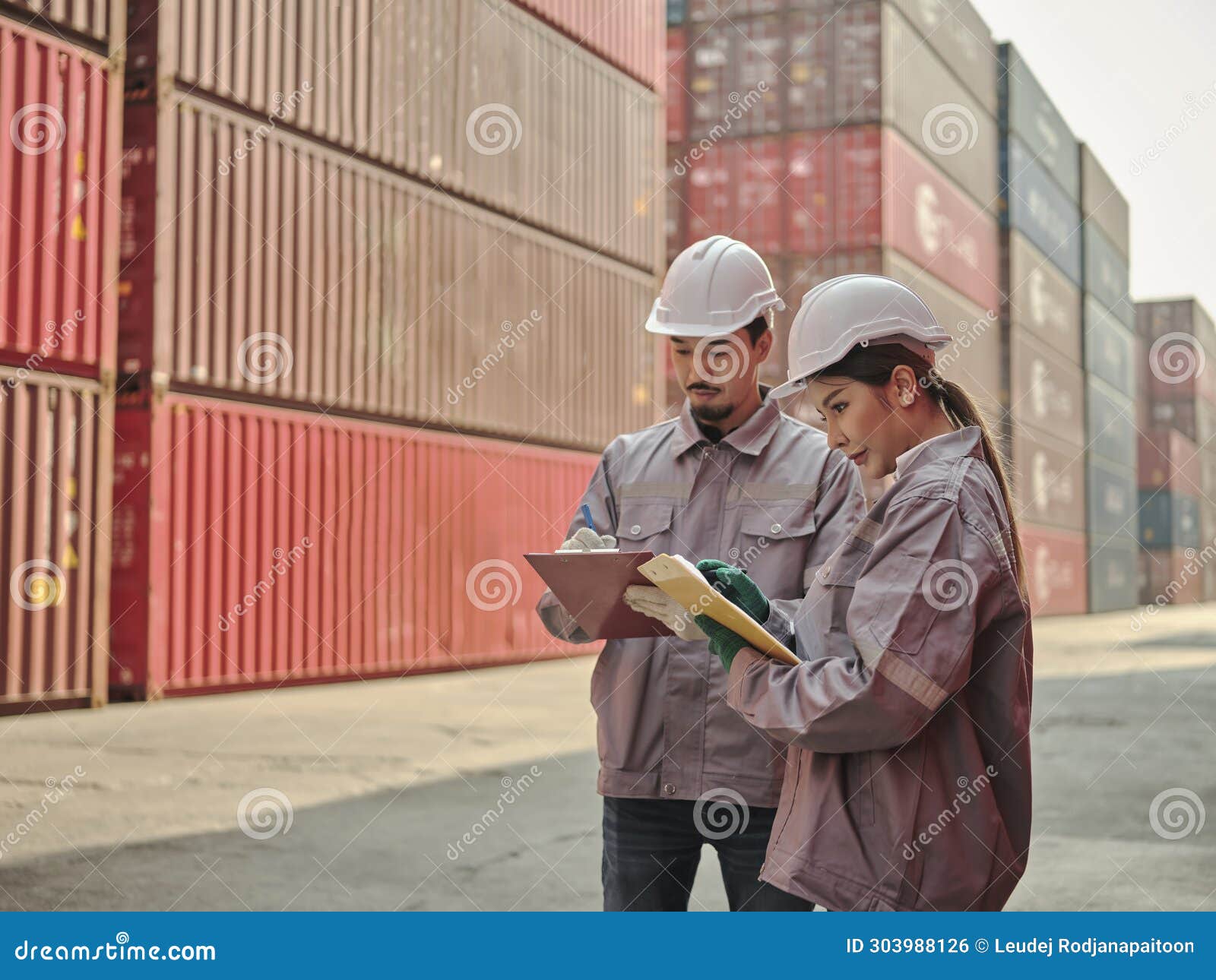 A Team of Engineers Talks To Managers at the Container Cargo Stock ...