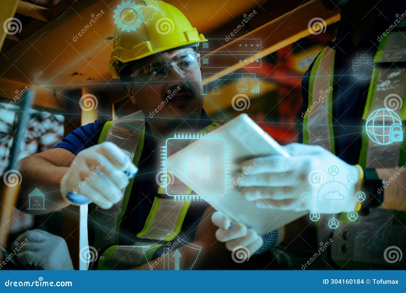 Team of Engineers Use Tablet with Visualize Screen Stock Photo - Image ...
