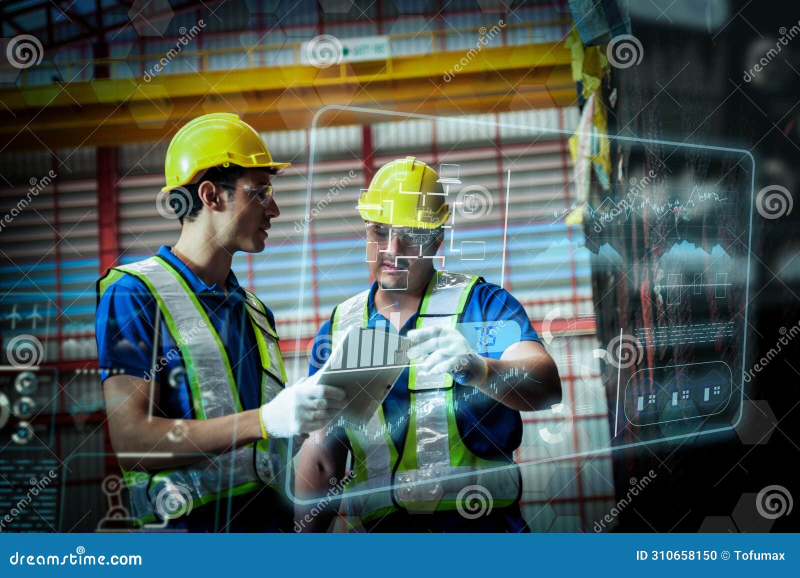 Team of Engineers Use Tablet with Visualize Screen of the Data ...
