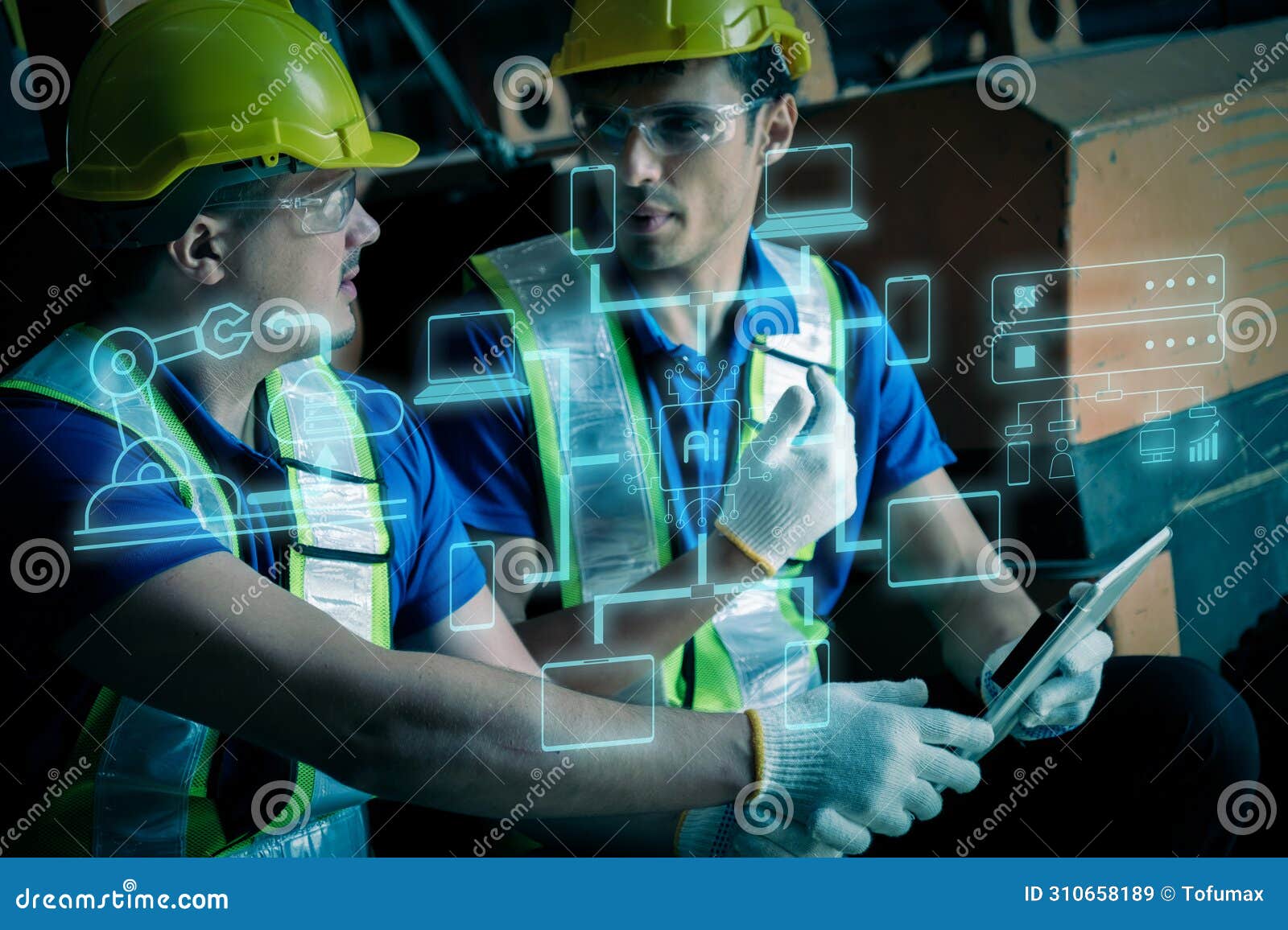 Team of Engineers Use Tablet with Visualize Screen of the Data ...