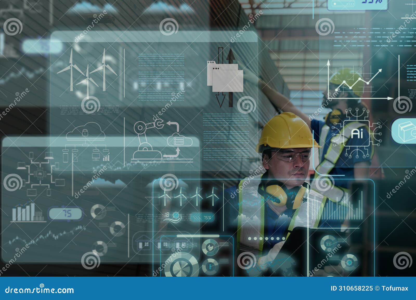 Team of Engineers Use Tablet with Visualize Screen of the Data ...