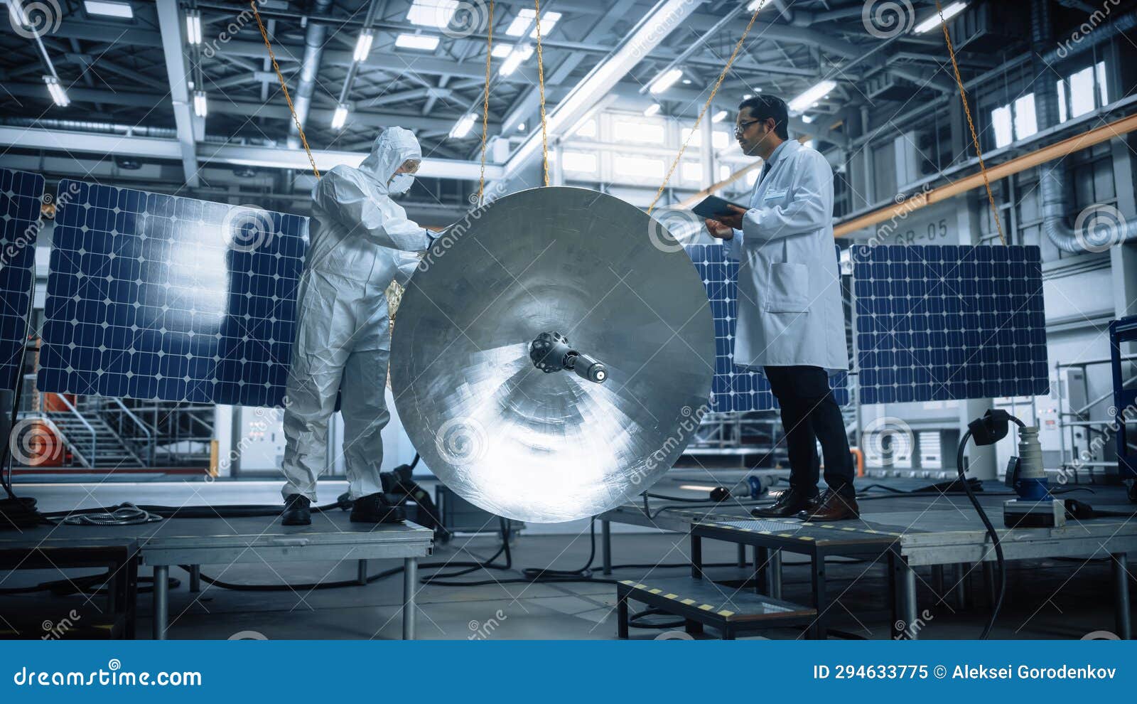 Team of Engineers Working on Satellite Construction. Aerospace Agency ...