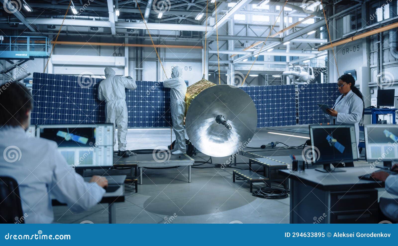 Team of Engineers Working on Satellite Construction. Aerospace Agency ...