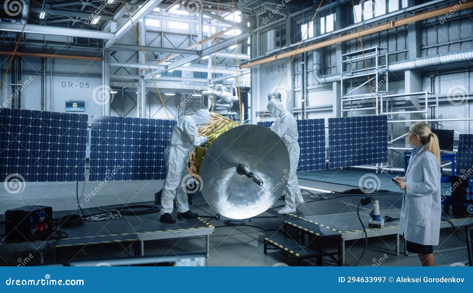 Team of Engineers Working on Satellite Construction, Use Tablet ...