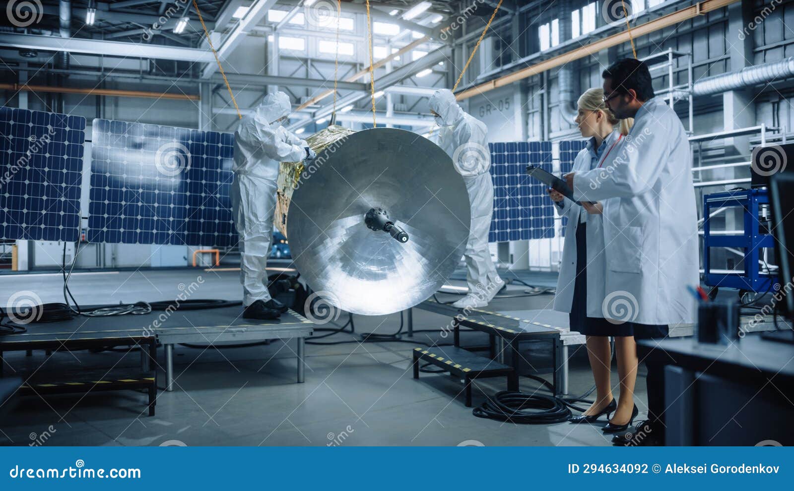 Team of Engineers Working on Satellite Construction, Use Tablet ...