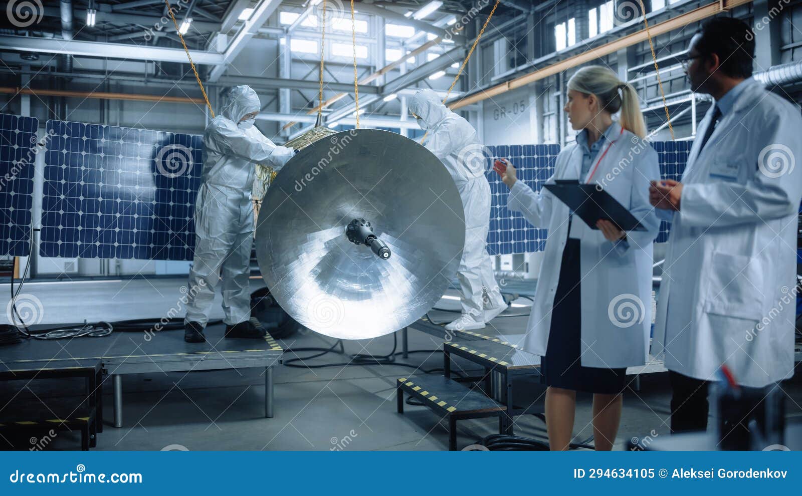 Team of Engineers Working on Satellite Construction, Use Tablet ...