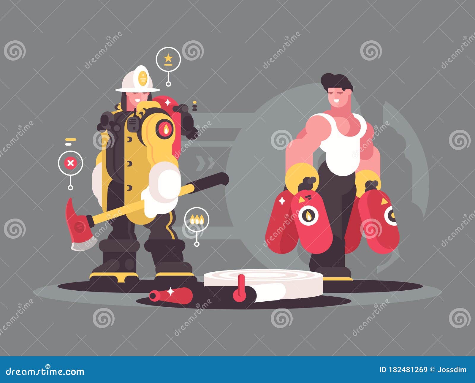 Team Of Firefighters Fighting Fire In Building, Flat Cartoon Vector ...