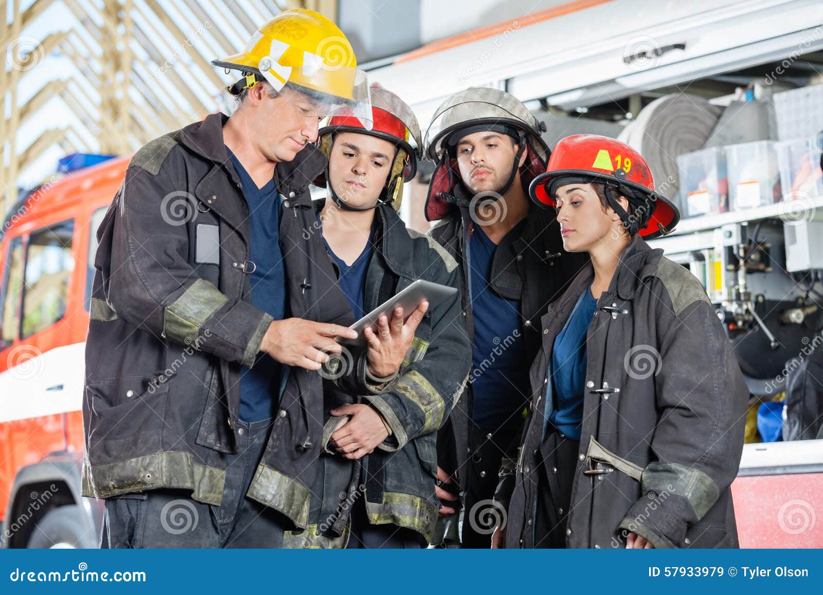 Team of Firefighters Using Digital Tablet Stock Image - Image of ...