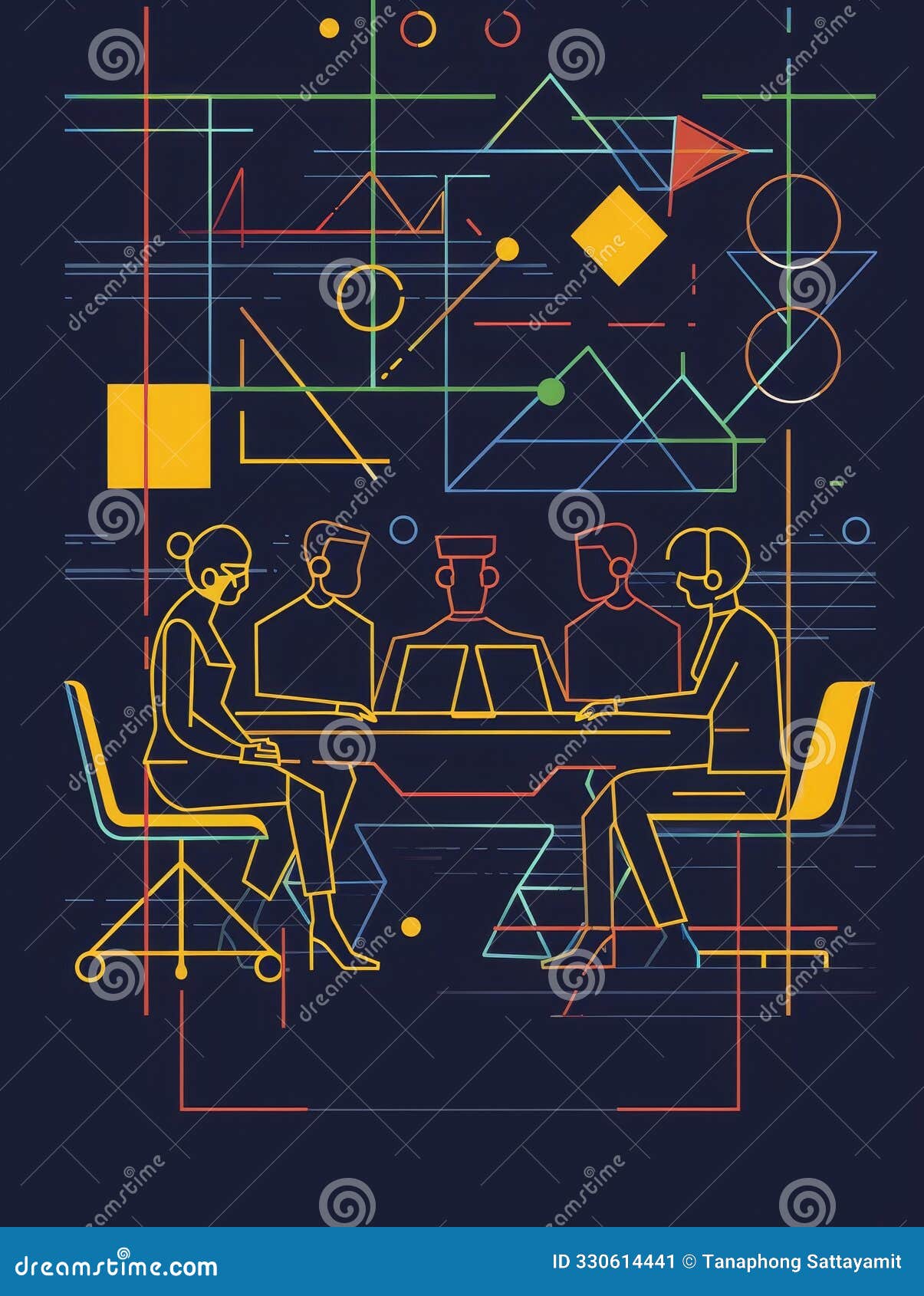 A Team of Five People are Sitting Around a Table in a Geometric Setting ...