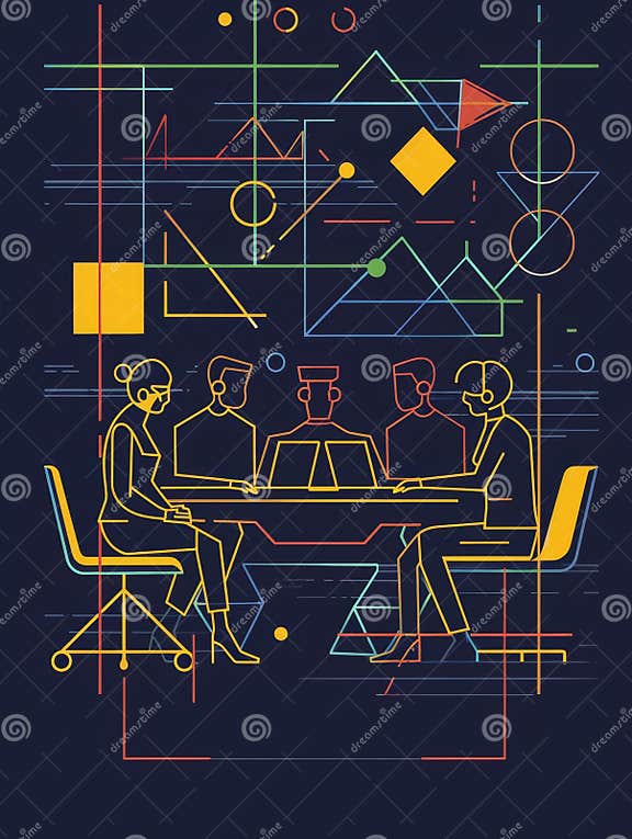 A Team of Five People are Sitting Around a Table in a Geometric Setting Symbolizing Teamwork ...