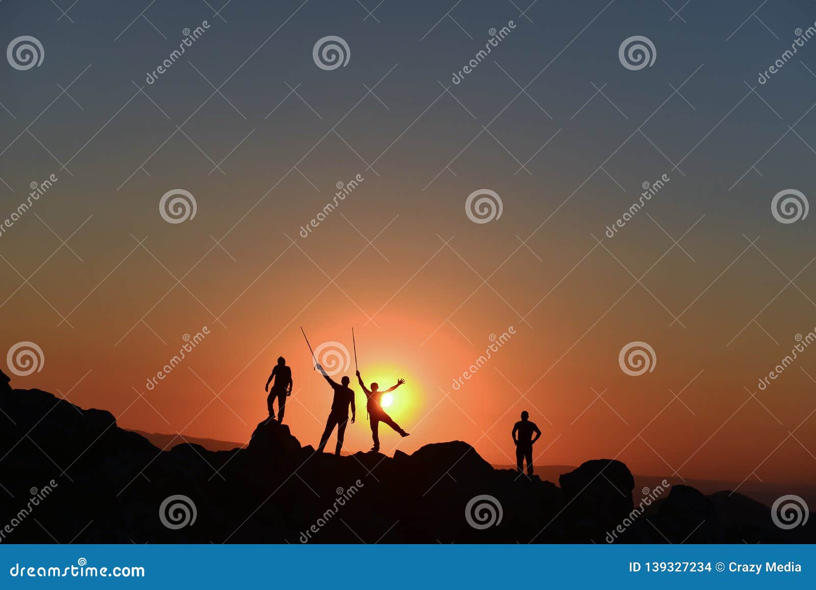 The Joy of Success of the Climbers at Sunrise Time Stock Photo - Image ...
