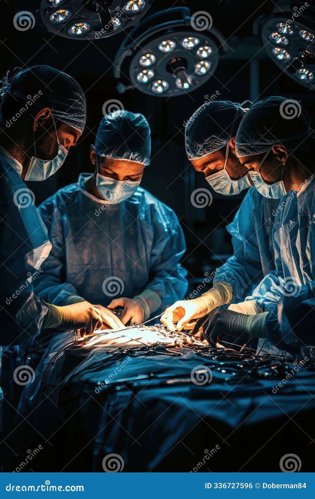 Team of Four Surgeons Performing an Operation Under Bright Surgical ...