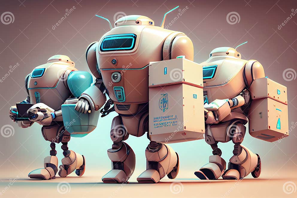 Team Of Futuristic Courier Robots Delivering Packages And Objects To Various Locations Stock
