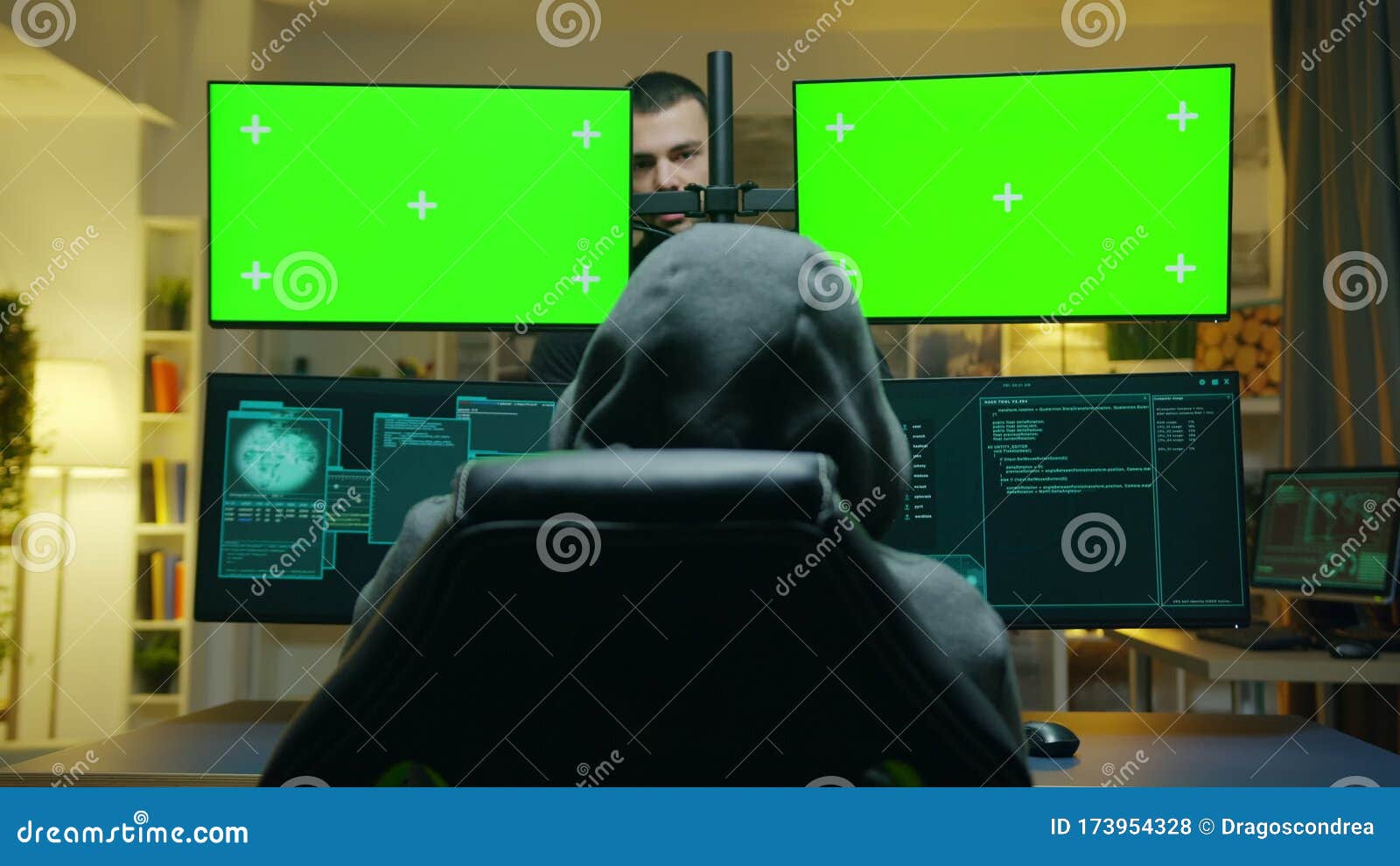 Team of Hackers Using Computer with Green Screen Mockup Stock Footage ...