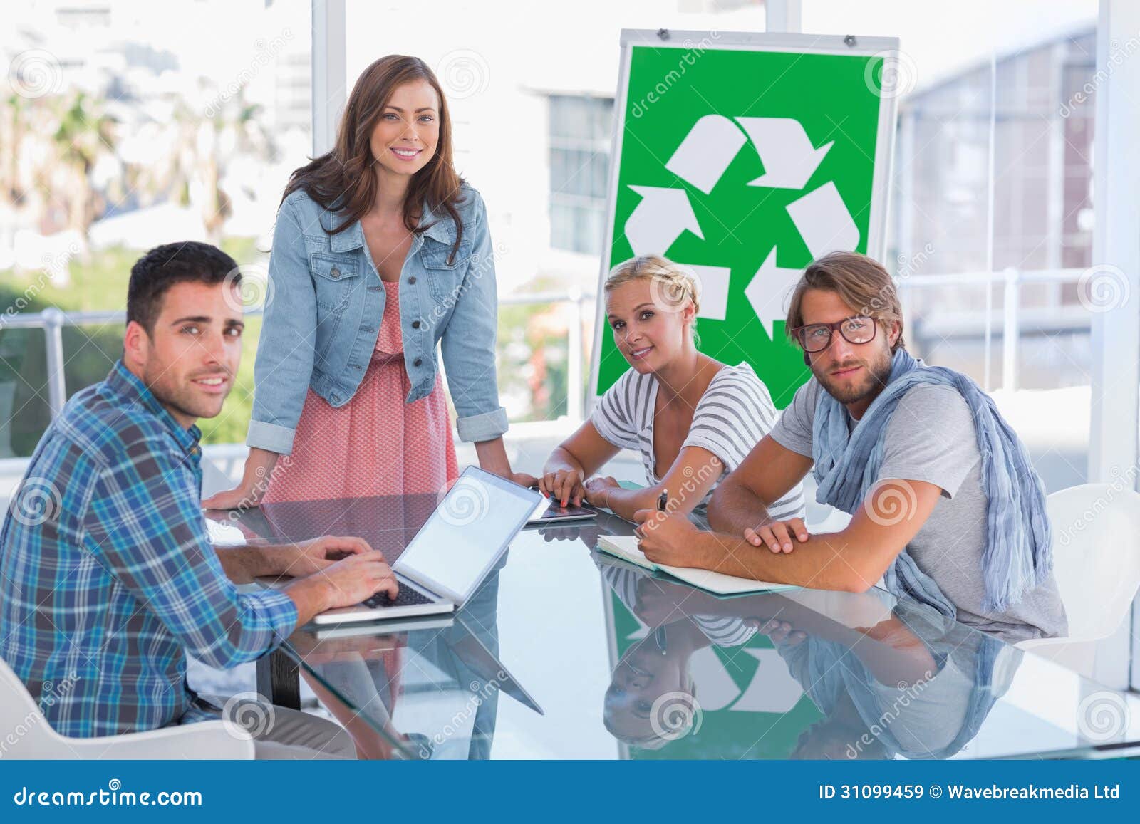 Team Having Meeting about Recycling and Smiling at Camera Stock Image ...