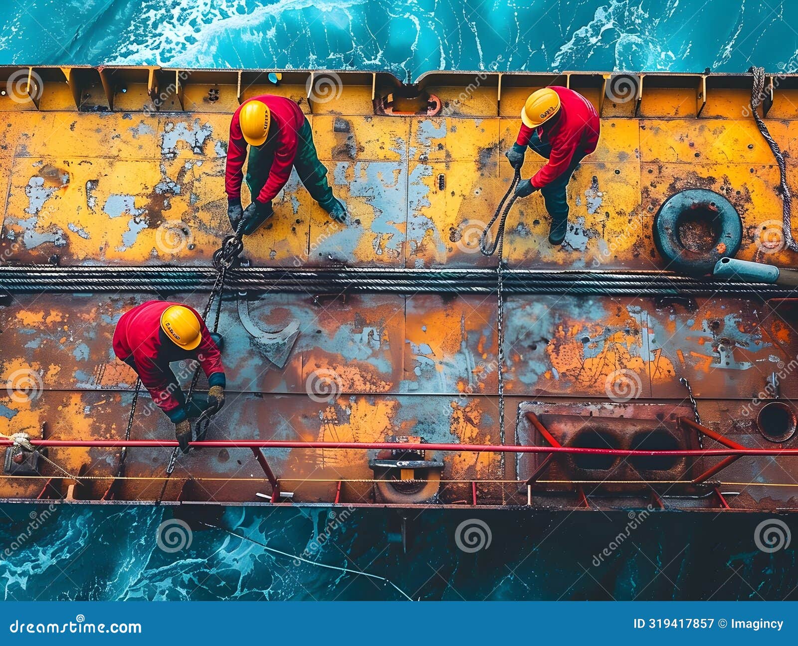 Team of Industrial Workers Collaborating To Maneuver Heavy Ship Decking ...