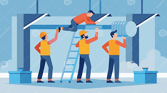 A Team of Installers Carefully Hanging and Securing the Ductwork in the ...