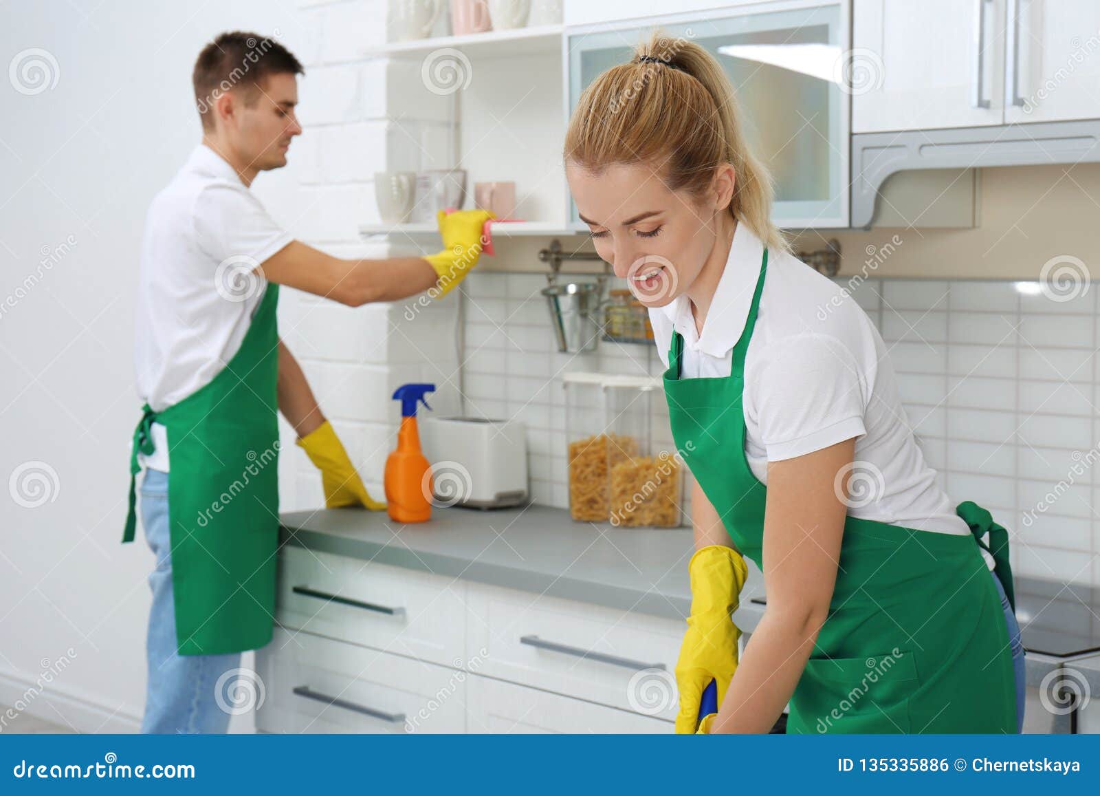 Team of Janitors Cleaning Kitchen Stock Photo - Image of company ...