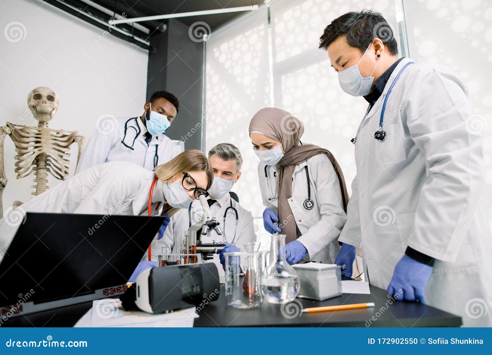 Team of Lab Workers, Veterinarians, Bio Chemists Examining Tissues or ...