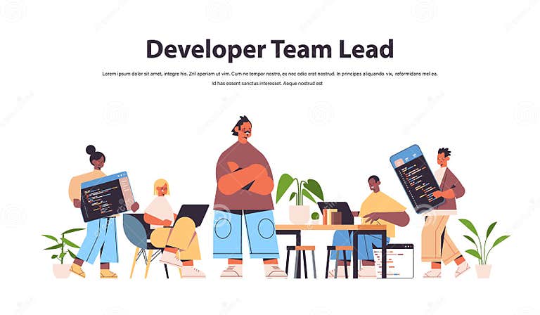 Team Lead Engineer with Developers Coding Together Development of Software and Programming ...